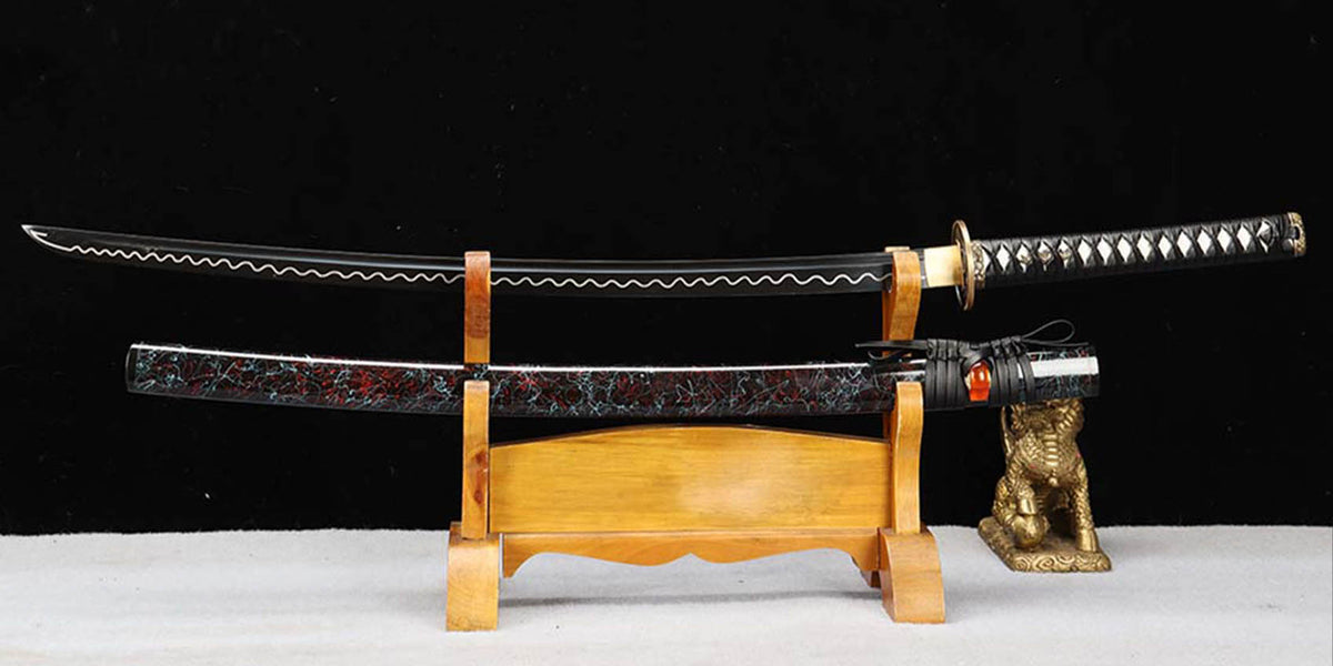 1060 Carbon Steel Samurai Katana: Handmade Black Blade with Bo-Hi ...