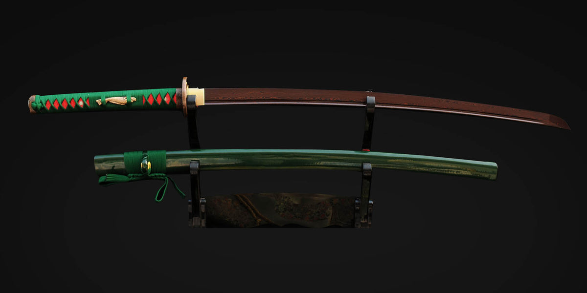 Damascus Steel sword—Red and Black Folded Steel with Copper Fish Tsuba ...