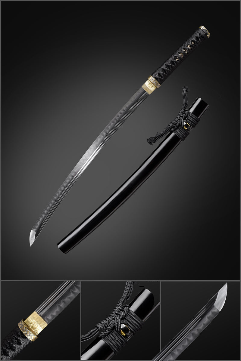 Hand-Forged T10 Wakizashi Sword Clay Tempered Black Blade Battle Ready ...