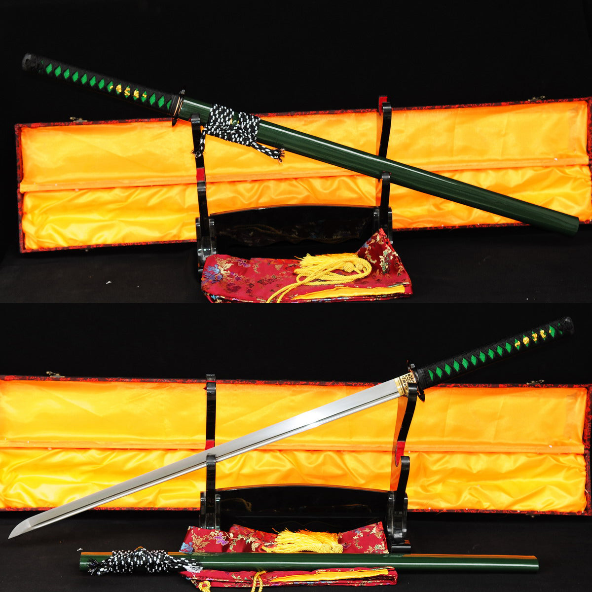 Hand Forged Japanese Ninja Sword Folded Steel Chokuto Iron Tsuba Green ...