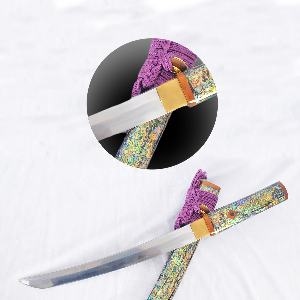 Hand Forged Japanese Tanto Short Sword Feather Pattern Blade Shell Saya ...