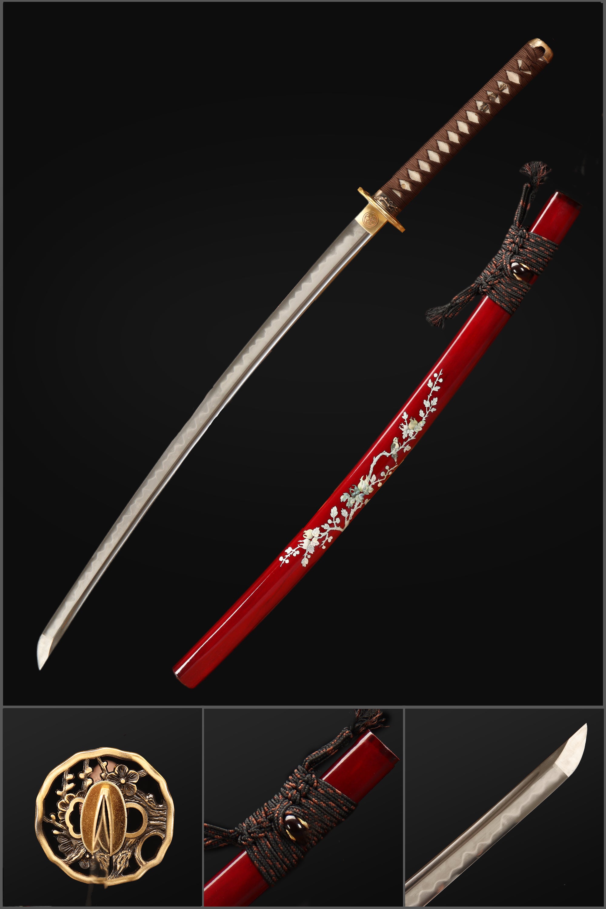 T10 Steel Japanese Katana Sword, Skylark Pattern Sword with Full Tang ...