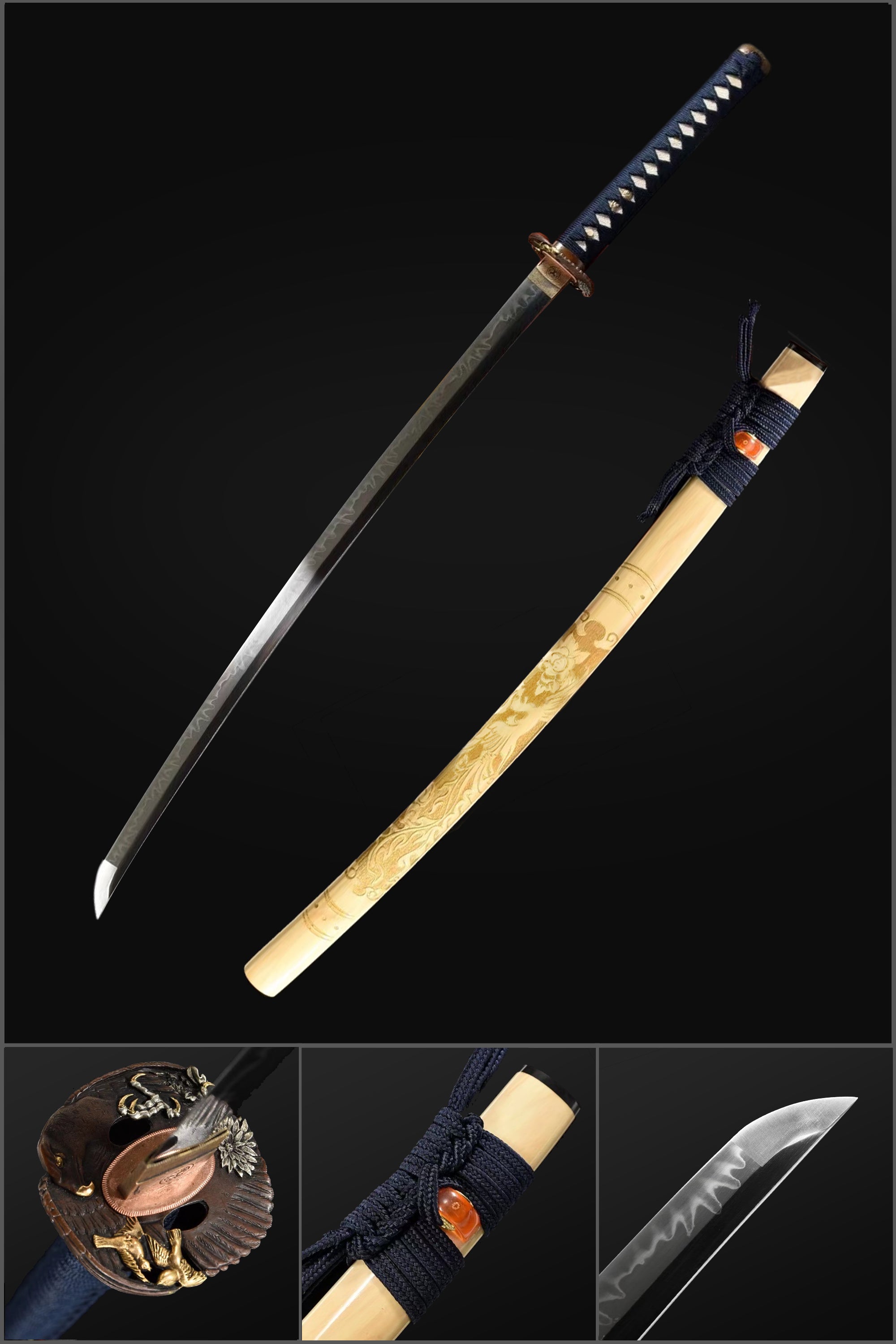 Falcon Theme T10 Steel Full Tang Japanese Samurai Katana with Carved ...