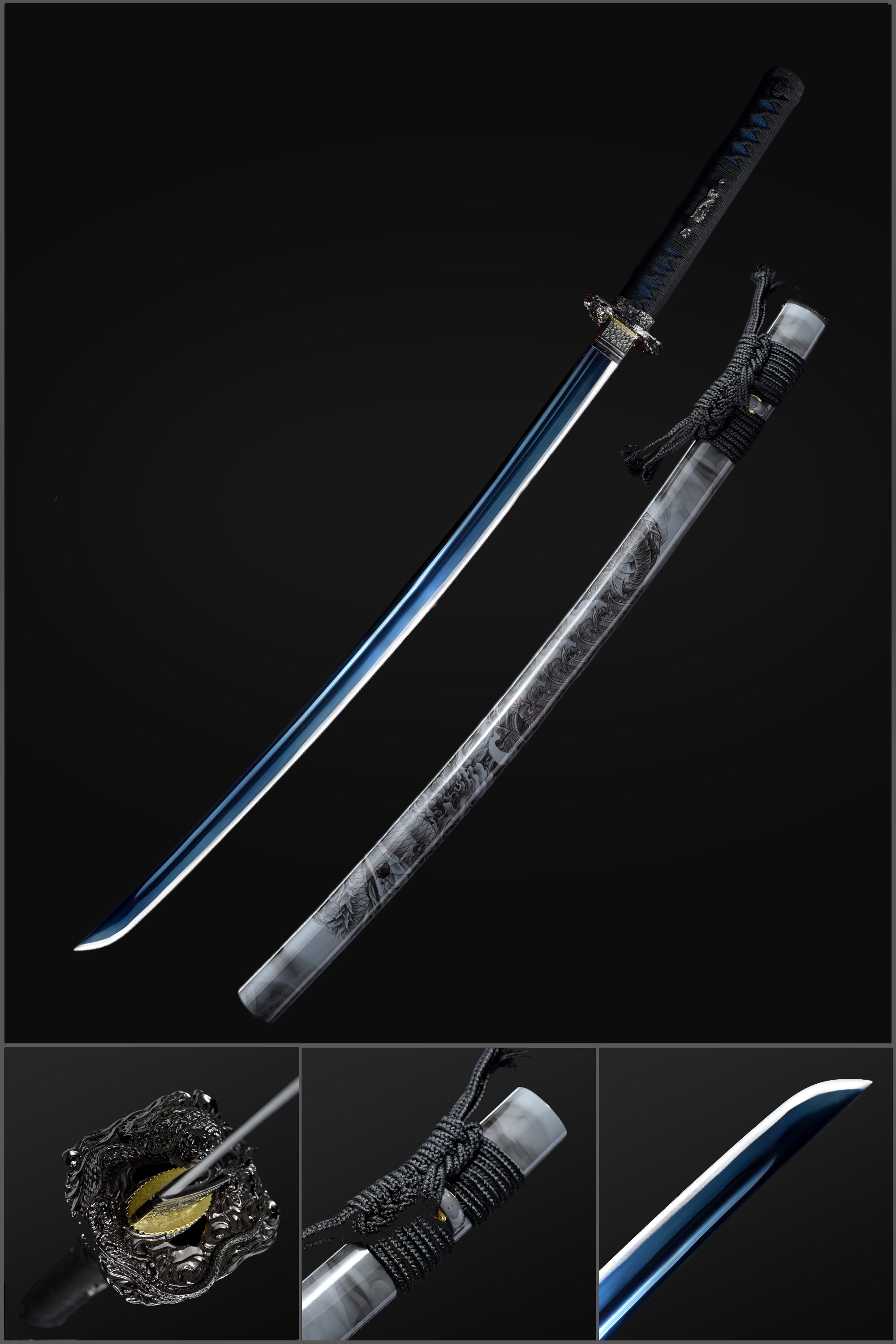 1060 Carbon Steel Dragon Sword Blue Blade Japanese Samurai Katana with ...