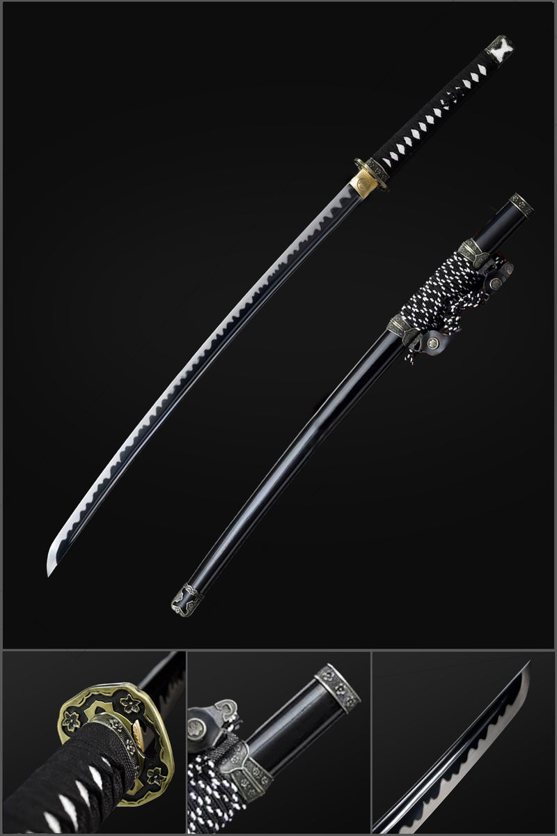 High Manganese Steel Full Tang Japanese Tachi Katana with Grinding Hamon Black Saya - COOLKATANA ...