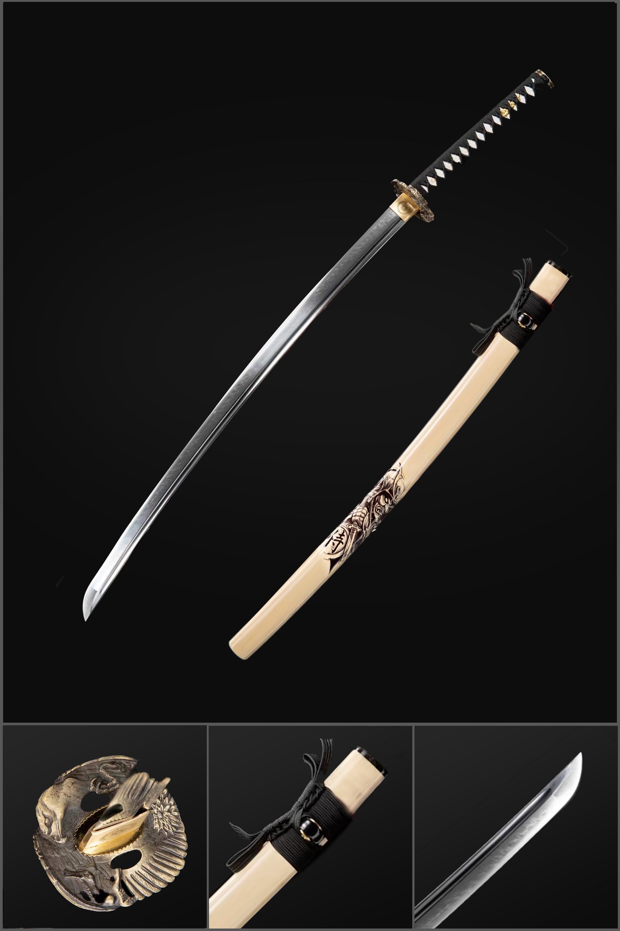 T10 Steel Japanese Samurai Katana with Bo-hi Samurai Print Saya Eagle ...
