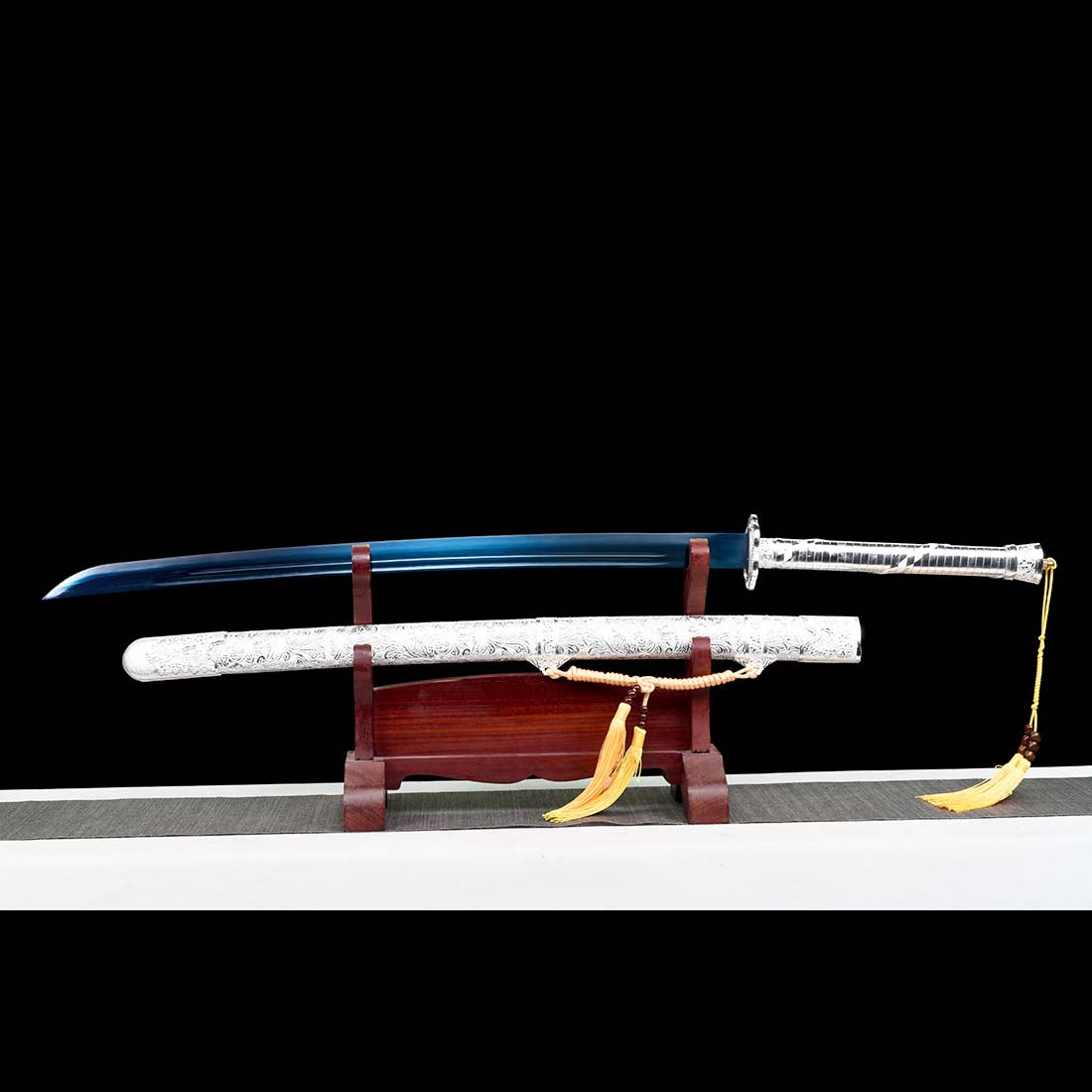 Full Tang Quenched Blue Blade Spring Steel Bo-hi Silver Katana Sword ...