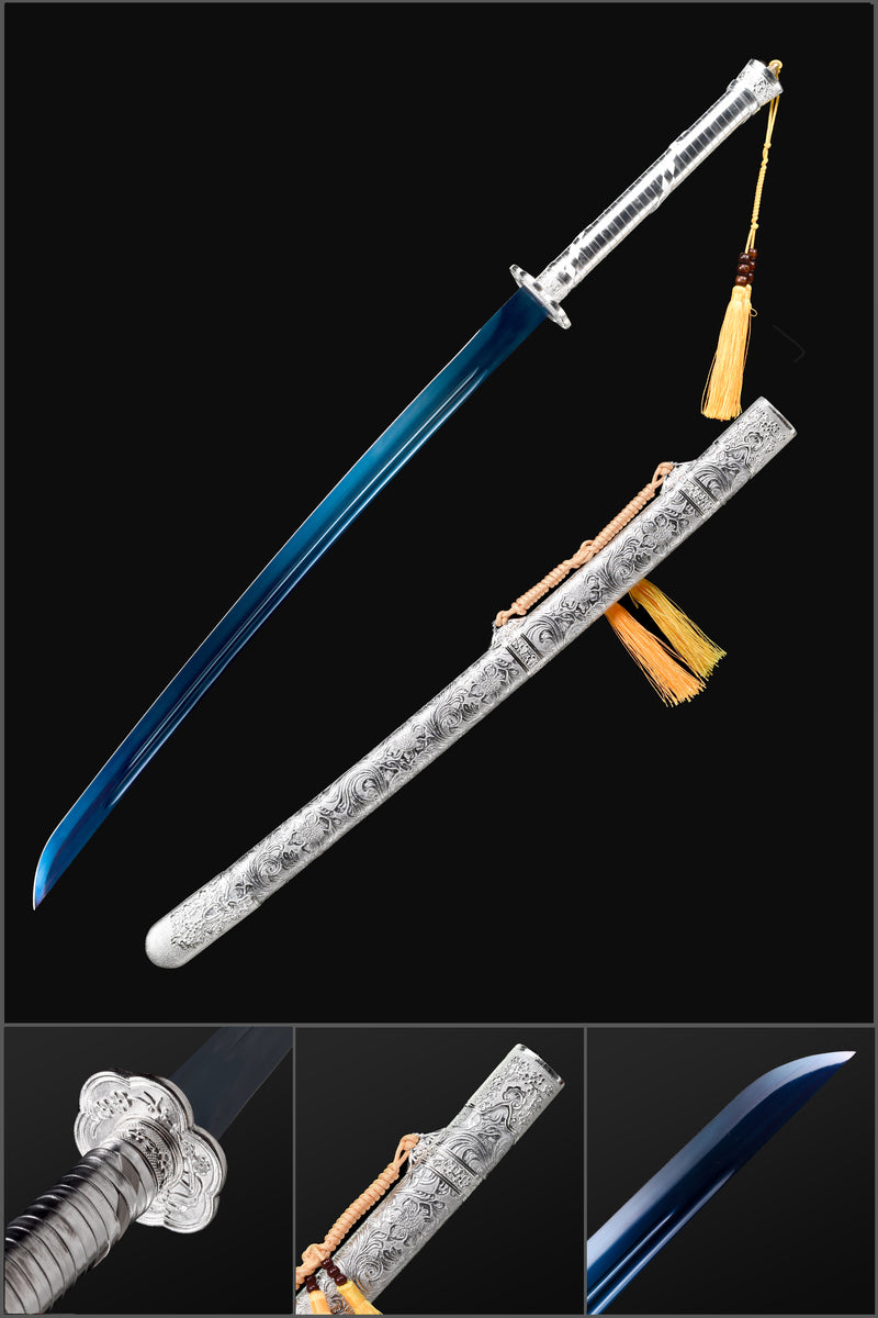 Full Tang Quenched Blue Blade Spring Steel Bo-hi Silver Katana Sword ...