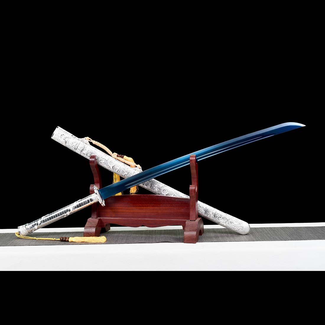 Full Tang Quenched Blue Blade Spring Steel Bo-hi Silver Katana Sword ...