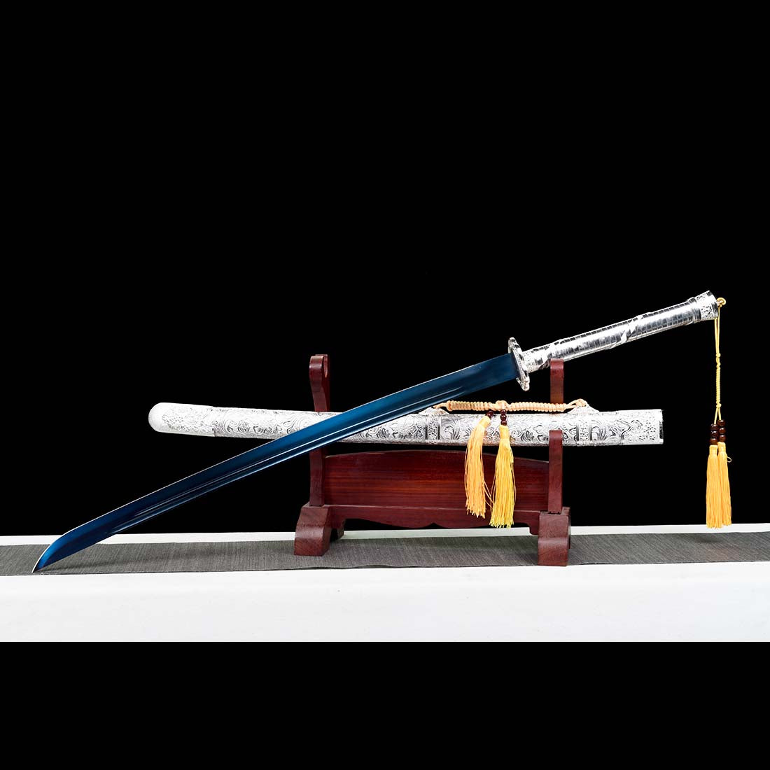 Full Tang Quenched Blue Blade Spring Steel Bo-hi Silver Katana Sword ...