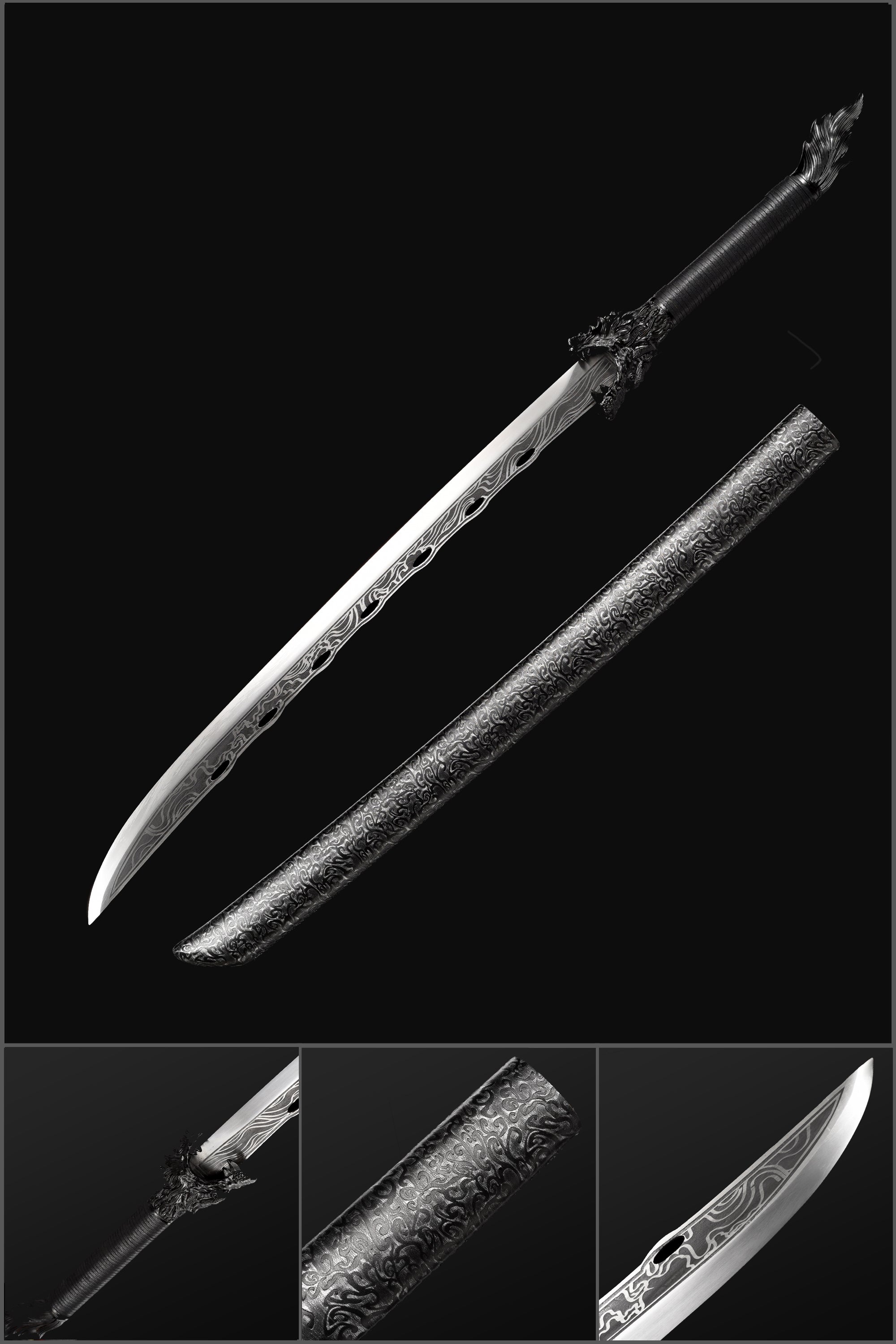 Spring Steel Patterned Full Tang Samurai Katana Sword Hardwood+Leather ...
